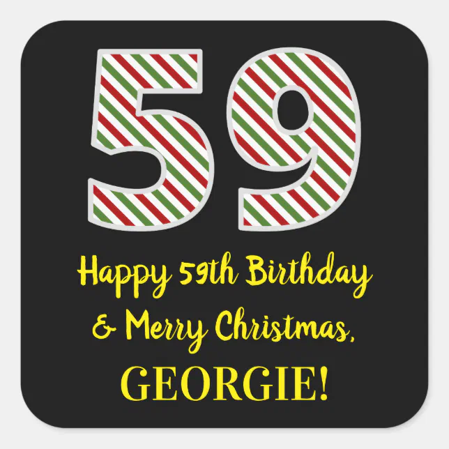 Happy 59th Birthday & Merry Christmas, Custom Name Square Sticker | Zazzle
