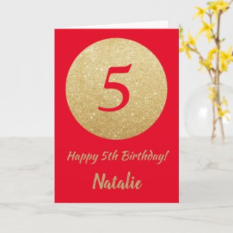 Happy 5th Birthday Red and Gold Glitter Card | Zazzle