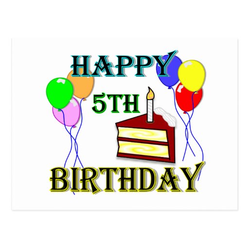 Happy 5th Birthday with Cake, Balloons and Candle Postcard | Zazzle