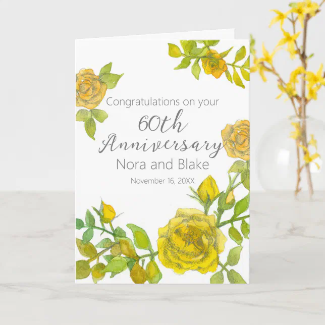 Happy 60th Anniversary Yellow Roses Custom Name Card | Zazzle