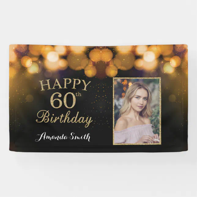 Happy 60th Birthday Banner. Gold Glitter Photo Banner | Zazzle