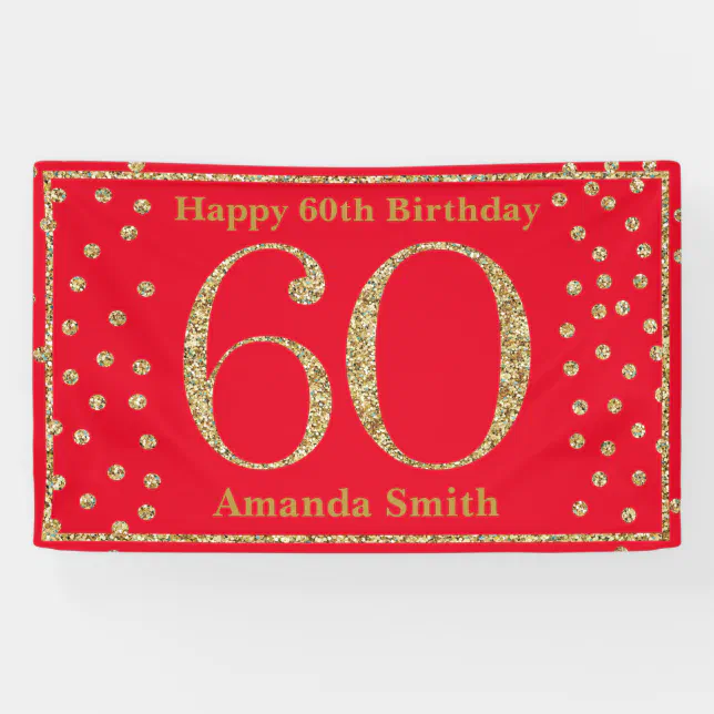 Happy 60th Birthday Banner Red and Gold Glitter | Zazzle