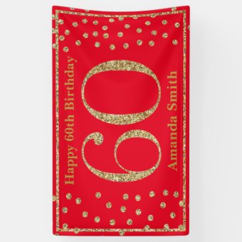 Happy 60th Birthday Banner Red and Gold Glitter | Zazzle