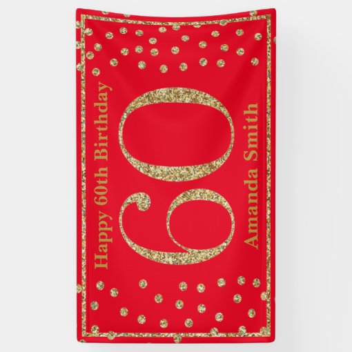 Happy 60th Birthday Banner Red and Gold Glitter | Zazzle