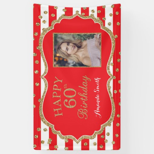 Happy 60th Birthday Banner Red Gold Glitter Photo | Zazzle