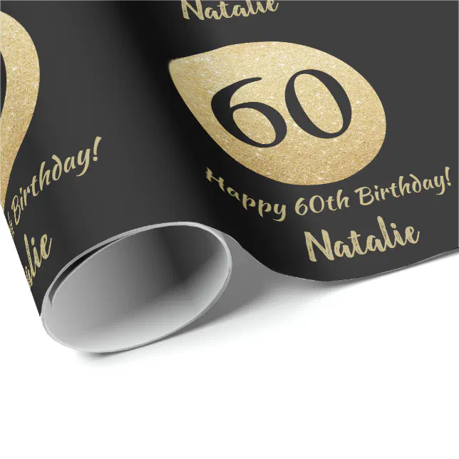 Happy 60th Birthday Black and Gold Glitter Wrapping Paper | Zazzle