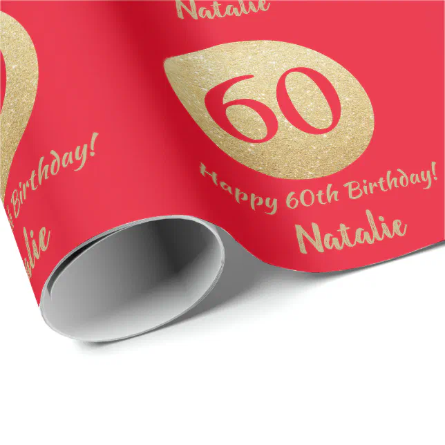 Happy 60th Birthday Red and Gold Glitter Wrapping Paper | Zazzle