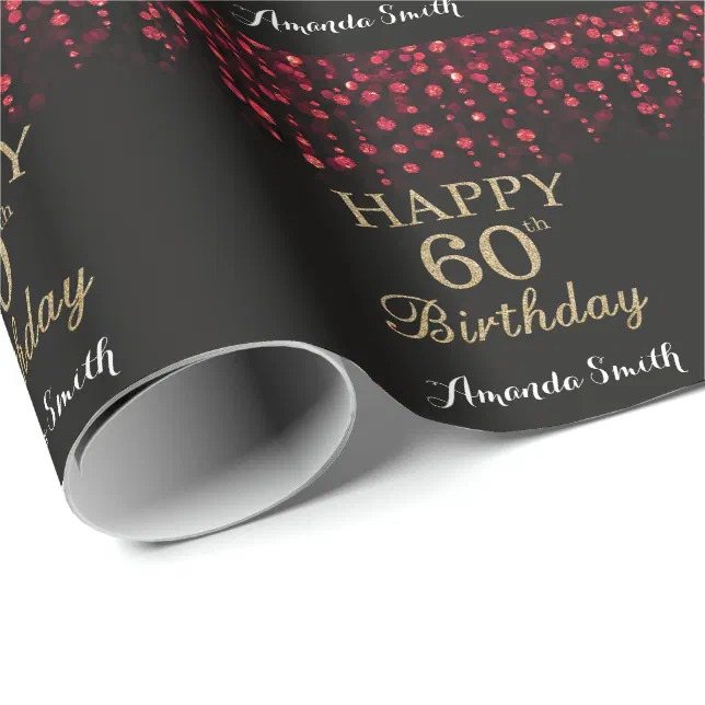 Happy 60th Birthday Red Black and Gold Glitter Wrapping Paper | Zazzle