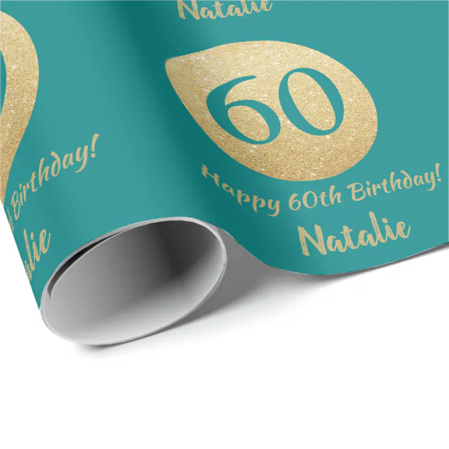 Happy 60th Birthday Teal and Gold Glitter Wrapping Paper | Zazzle