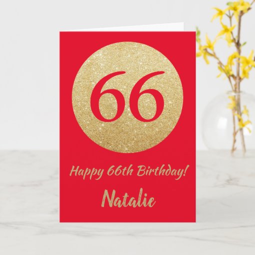 Happy 66th Birthday Red and Gold Glitter Card | Zazzle