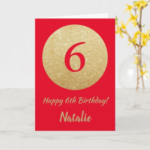 Happy 6th Birthday Red and Gold Glitter Card | Zazzle