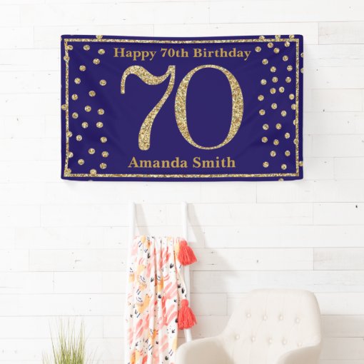 Happy 70th Birthday Banner Navy Blue Gold Glitter | Zazzle