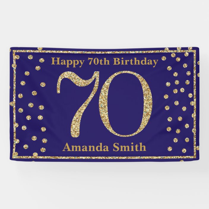 Happy 70th Birthday Banner Navy Blue Gold Glitter | Zazzle.com