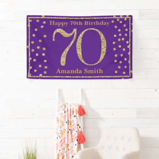 Happy 70th Birthday Banner Purple and Gold Glitter | Zazzle