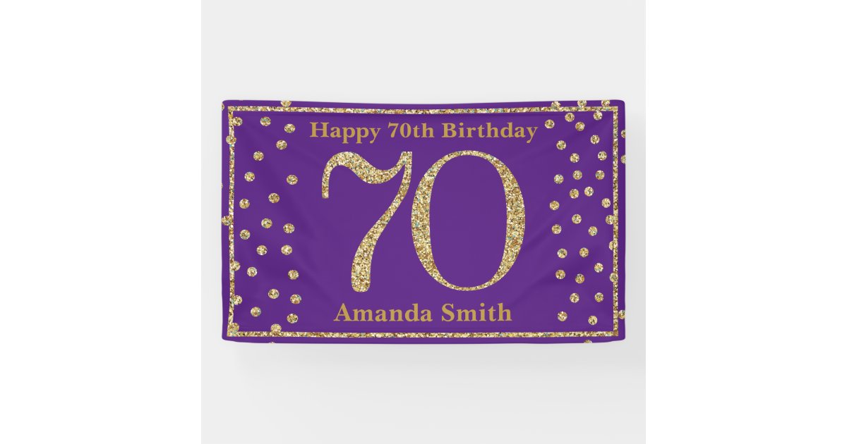 Happy 70th Birthday Banner Purple and Gold Glitter | Zazzle
