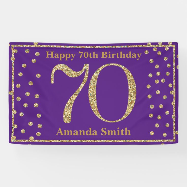 Happy 70th Birthday Banner Purple and Gold Glitter | Zazzle