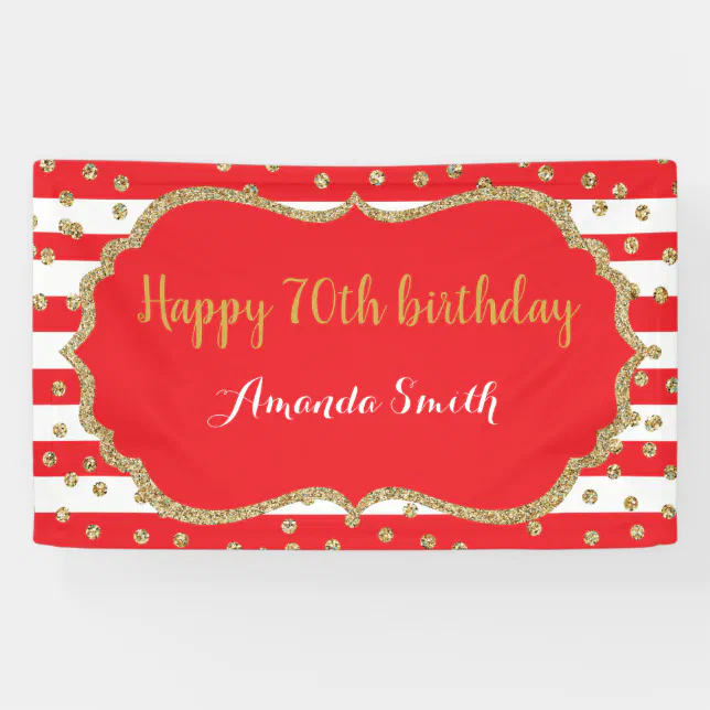 Happy 70th Birthday Banner Red and Gold Glitter | Zazzle