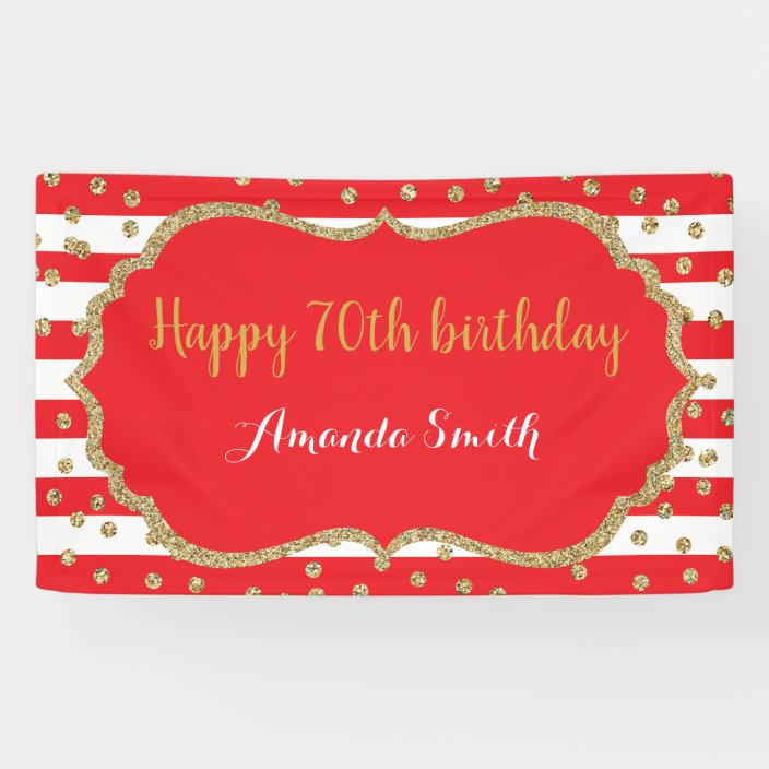 Happy 70th Birthday Banner Red and Gold Glitter | Zazzle.com