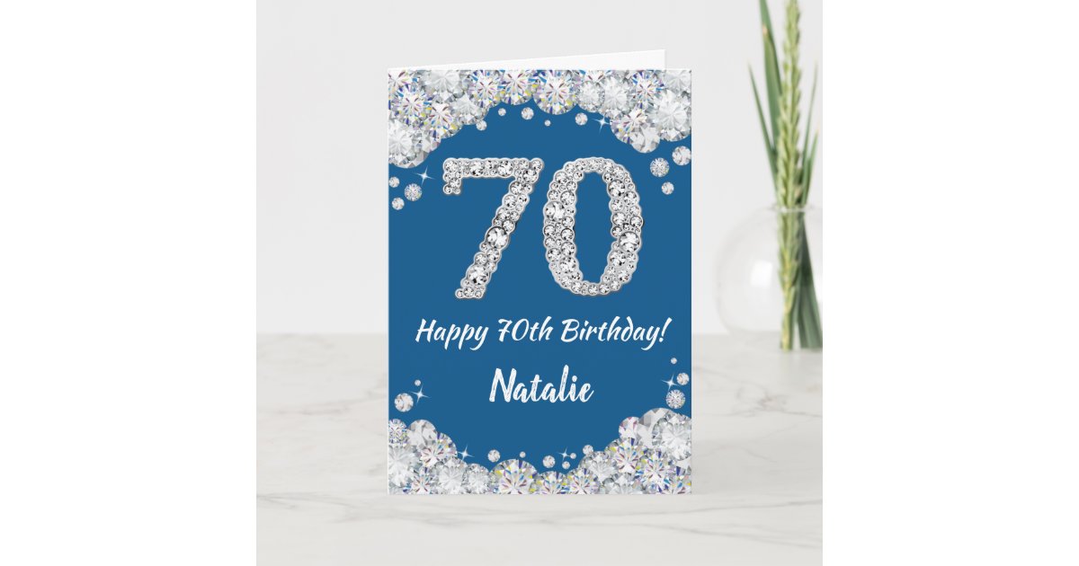 Happy 70th Birthday Blue and Silver Glitter Card | Zazzle