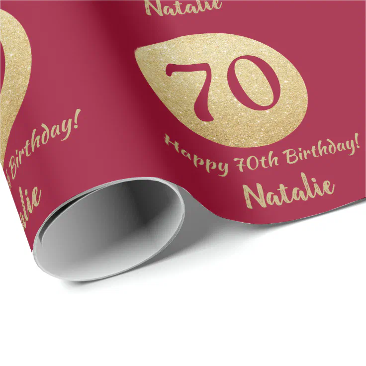 Happy 70th Birthday Burgundy Red and Gold Glitter Wrapping Paper | Zazzle