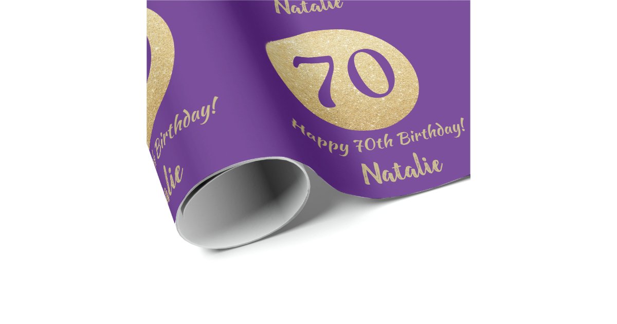 Happy 70th Birthday Purple and Gold Glitter Wrapping Paper | Zazzle