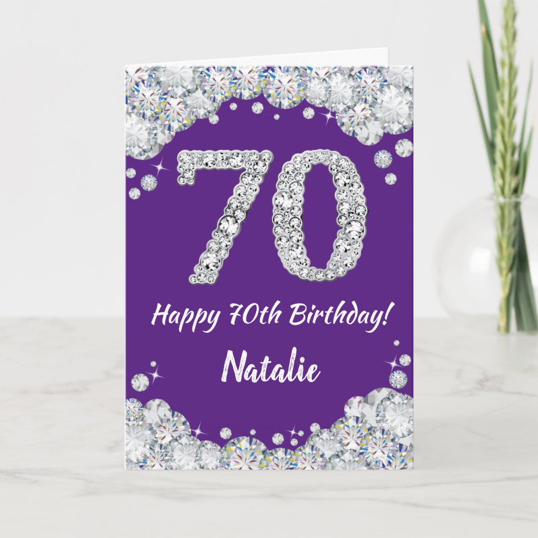Happy 70th Birthday Purple and Silver Glitter Card | Zazzle