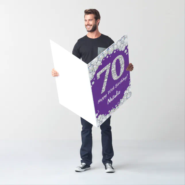 Happy 70th Birthday Purple Silver Glitter Jumbo Card | Zazzle