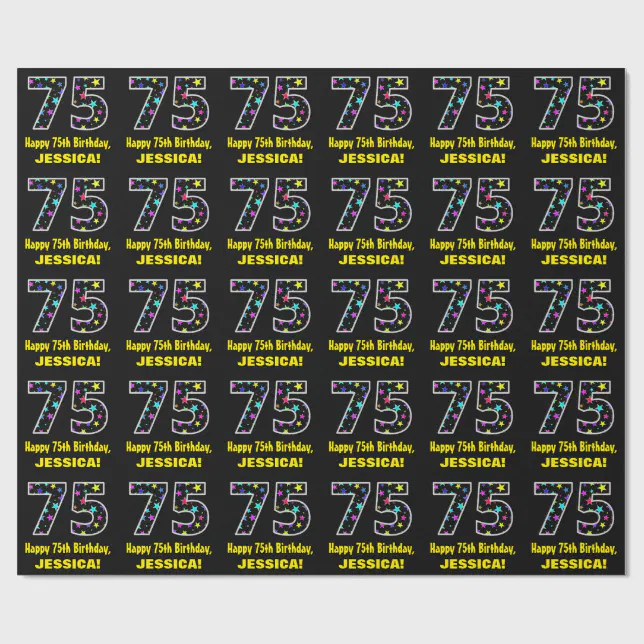 Happy 75th Birthday, Fun Colorful Stars Pattern 75 Wrapping Paper | Zazzle