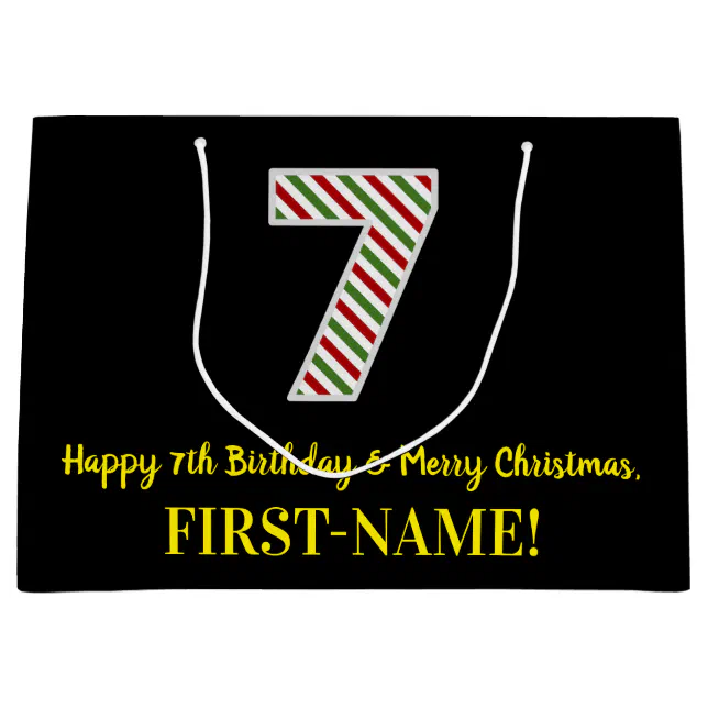 Happy 7th Birthday & Merry Christmas, Custom Name Large Gift Bag | Zazzle