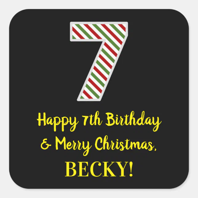 Happy 7th Birthday & Merry Christmas, Custom Name Square Sticker | Zazzle