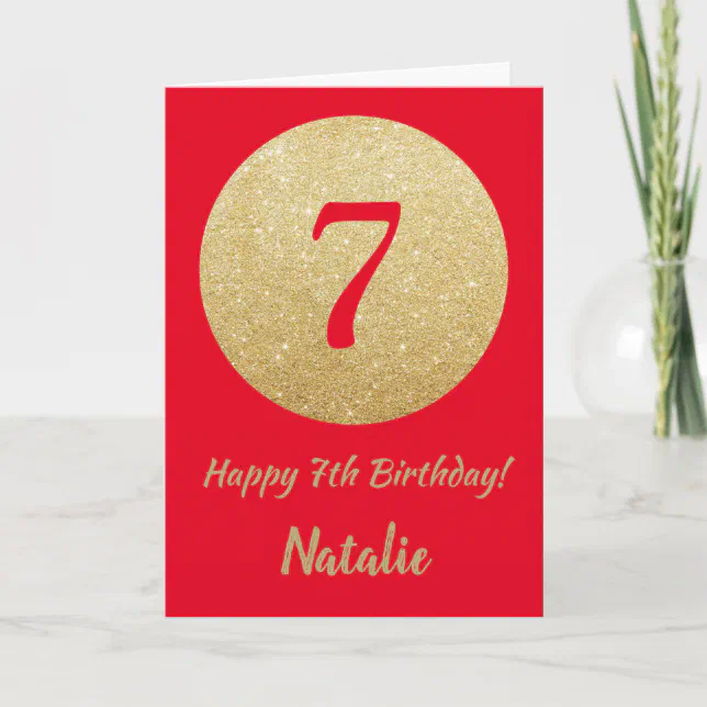 Happy 7th Birthday Red and Gold Glitter Card | Zazzle