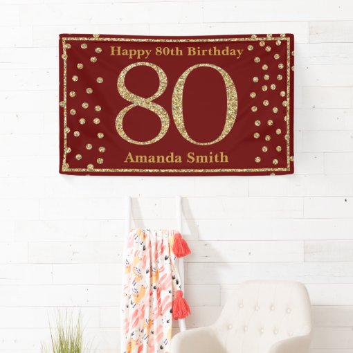 Happy 80th Birthday Banner Burgundy Red Gold | Zazzle