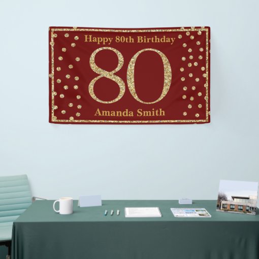 Happy 80th Birthday Banner Burgundy Red Gold | Zazzle