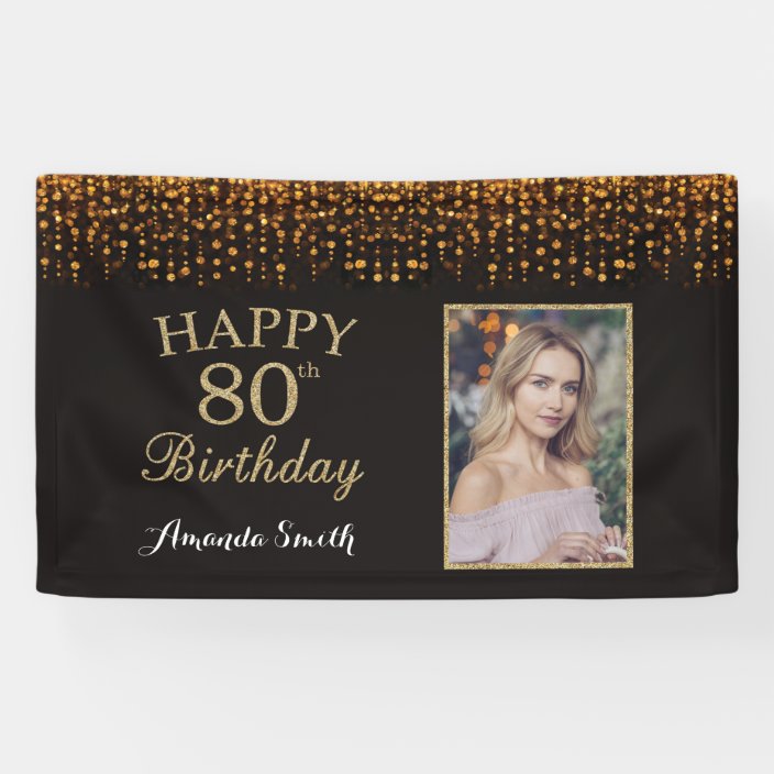 Happy 80th Birthday Banner. Gold Glitter Photo Banner | Zazzle.com