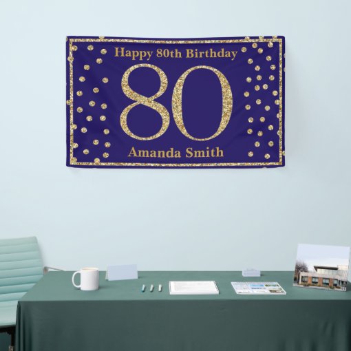 Happy 80th Birthday Banner Navy Blue Gold Glitter | Zazzle