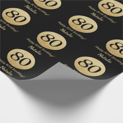 Happy 80th Birthday Black and Gold Glitter Wrapping Paper | Zazzle