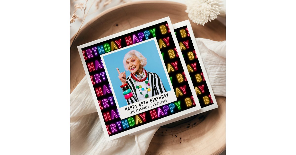 Happy 80th Birthday Photo Rainbow Neon Napkins | Zazzle
