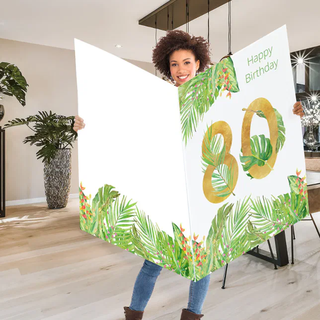 Happy 80th Birthday Tropical Leaf Jumbo Number 80 Card | Zazzle