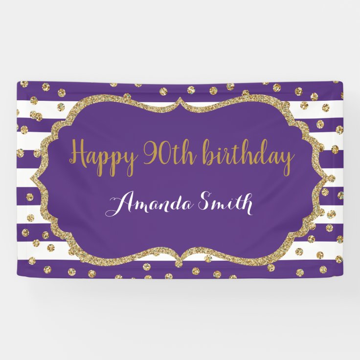 Happy 90th Birthday Banner Purple and Gold Glitter | Zazzle