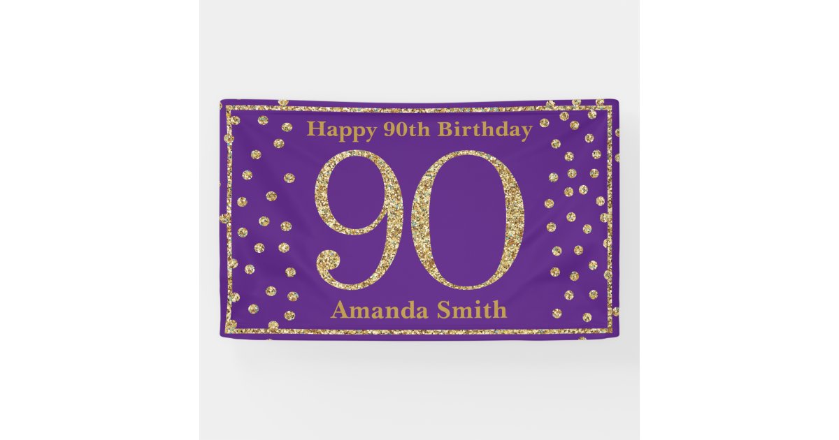 Happy 90th Birthday Banner Purple and Gold Glitter | Zazzle