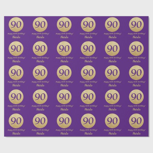 Happy 90th Birthday Purple and Gold Glitter Wrapping Paper | Zazzle