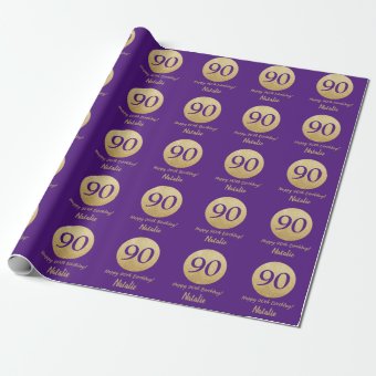 Happy 90th Birthday Purple and Gold Glitter Wrapping Paper | Zazzle