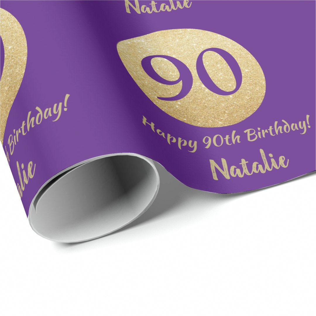 Happy 90th Birthday Purple and Gold Glitter Wrapping Paper | Zazzle