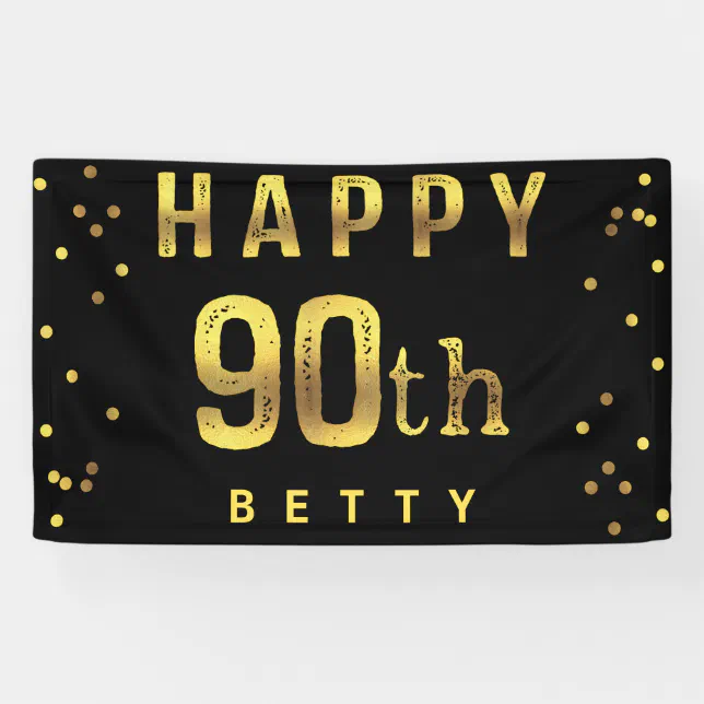 Happy 90th Faux Gold Foil Confetti Black Banner | Zazzle
