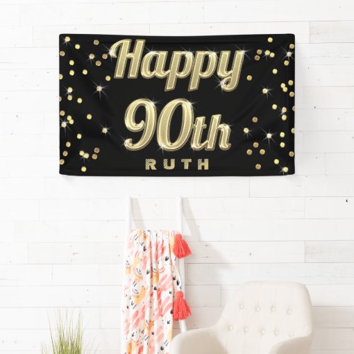 Happy 90th Gold Bling Typography Confetti Black Banner | Zazzle