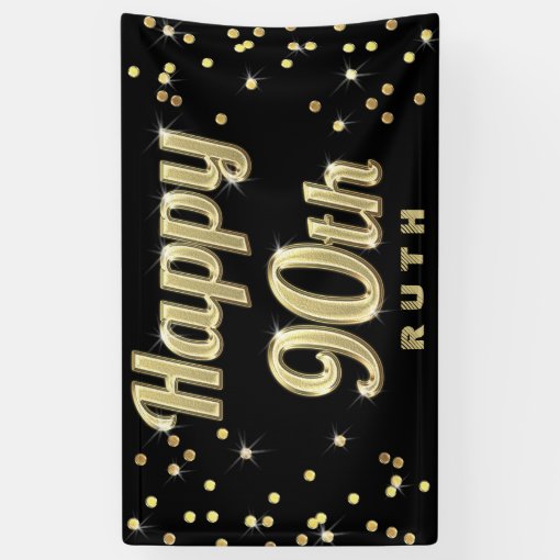 Happy 90th Gold Bling Typography Confetti Black Banner | Zazzle
