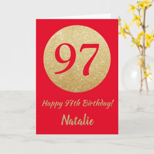 Happy 97th Birthday Red and Gold Glitter Card | Zazzle