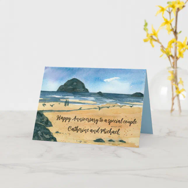 Happy Anniversary Couple Ocean Beach Custom Name Card | Zazzle