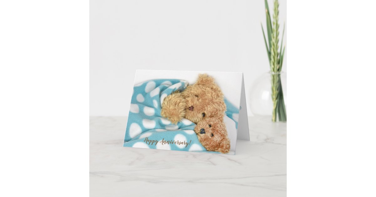 Happy anniversary snuggling teddy bears card | Zazzle