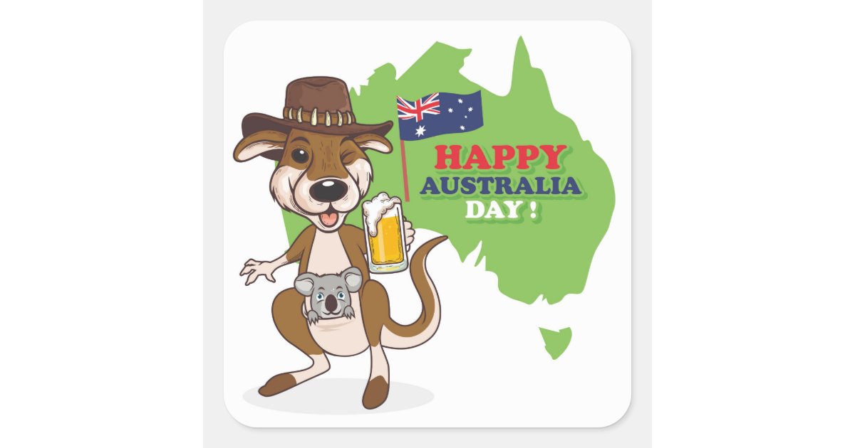 Happy Australia Day Kangaroo Koala Square Sticker | Zazzle
